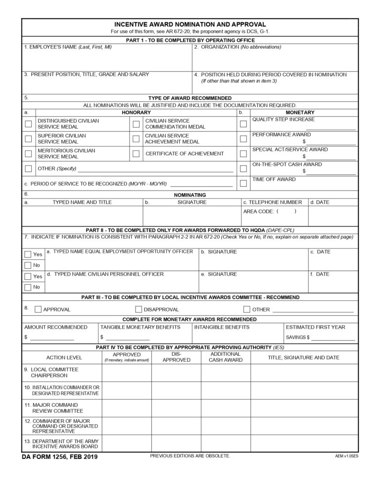 DA FORM 1256 Fillable - Army Pubs 1256 PDF | DA Forms 2026