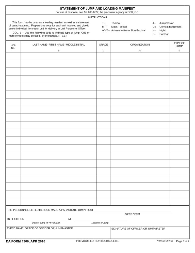 DA FORM 1306 Fillable - Army Pubs 1306 PDF | DA Forms 2026