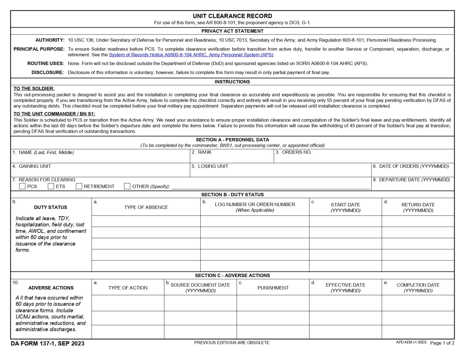 DA FORM 137-1 Fillable - Army Pubs 137-1 PDF | DA Forms 2025