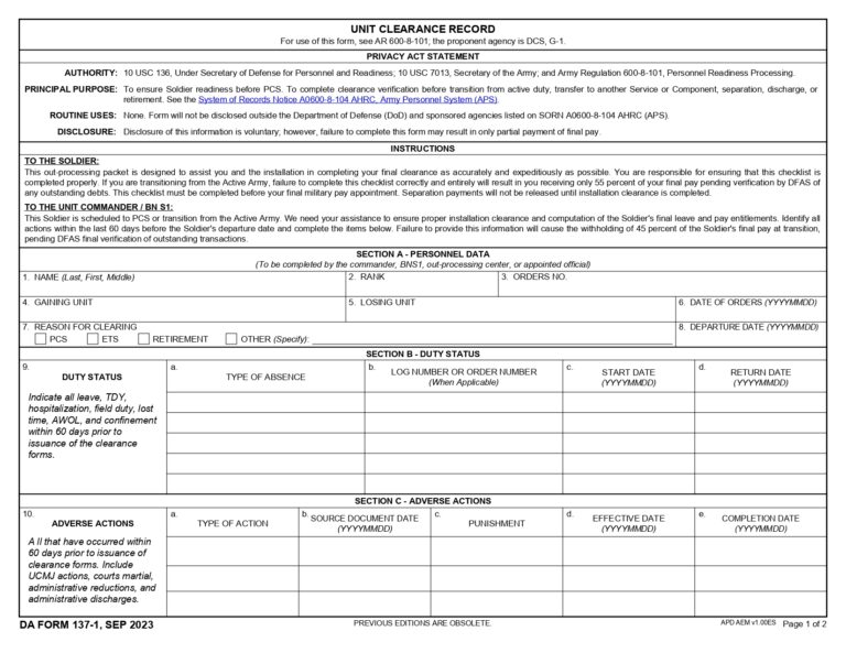 DA FORM 137-1 Fillable - Army Pubs 137-1 PDF | DA Forms 2025