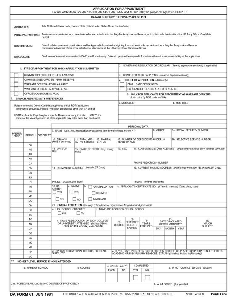 DA FORM 61 Fillable - Army Pubs 61 PDF | DA Forms 2025