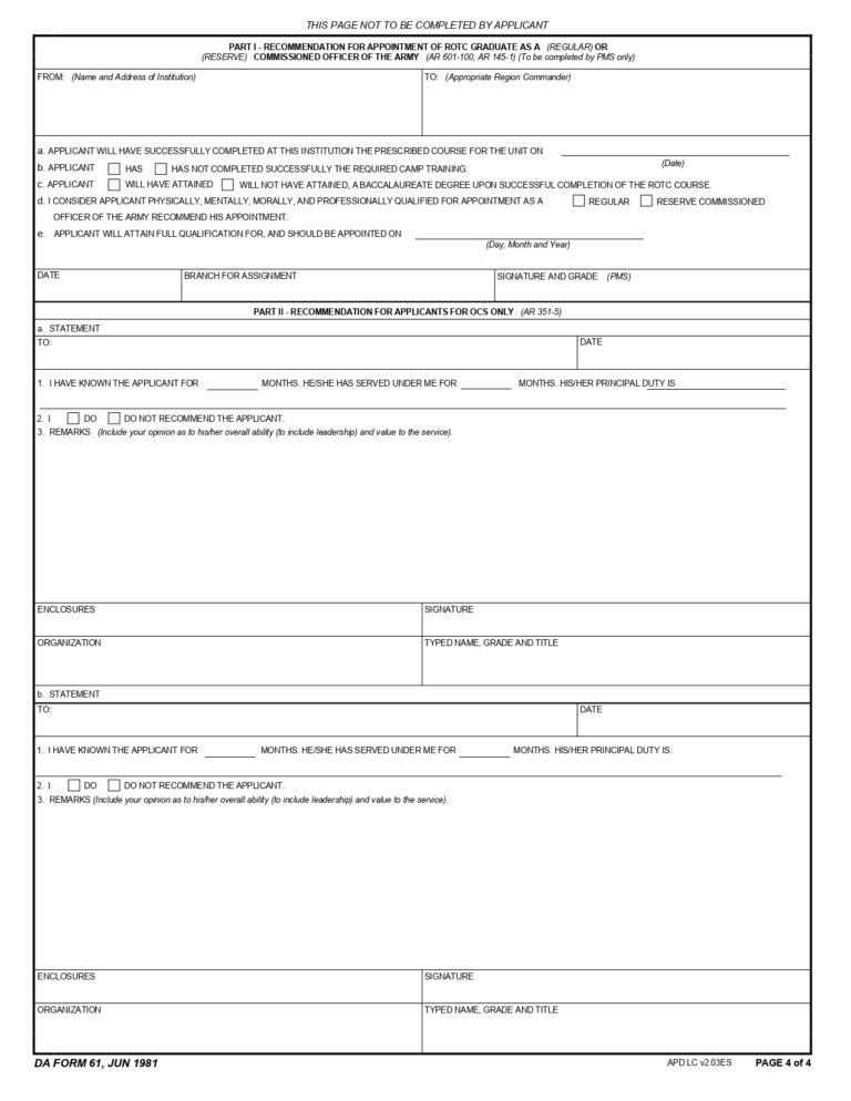 DA FORM 61 Fillable - Army Pubs 61 PDF | DA Forms 2025