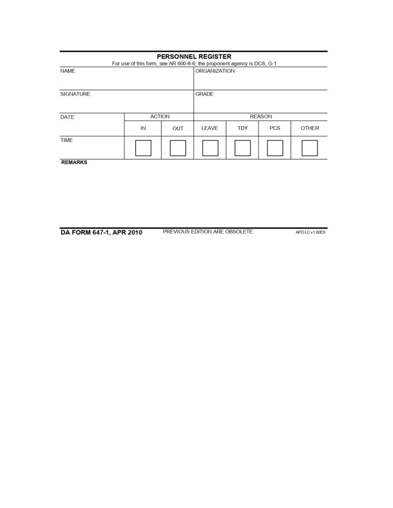 DA FORM 647-1 Fillable - Army Pubs 647-1 PDF | DA Forms 2025
