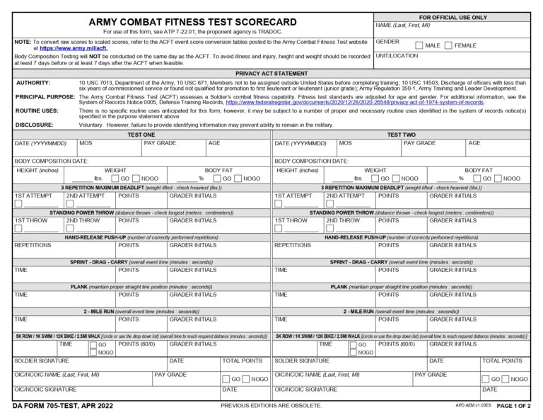 DA FORM 705-TEST Fillable - Army Pubs 705-TEST PDF | DA Forms 2025