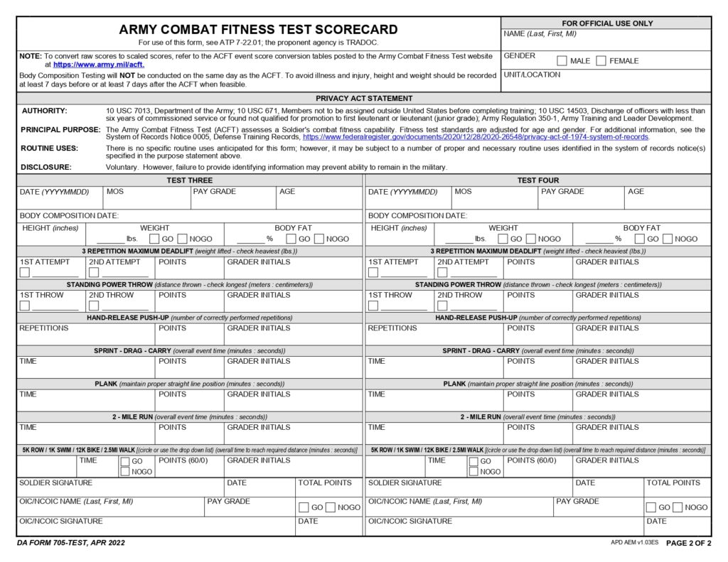 DA FORM 705-TEST Fillable - Army Pubs 705-TEST PDF | DA Forms 2025