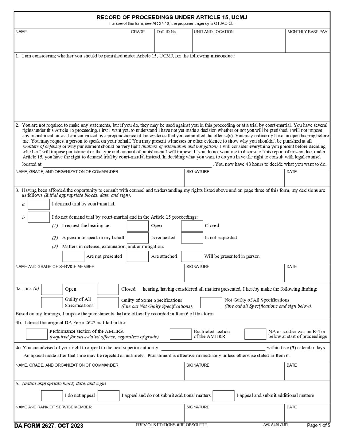 DA FORM 2627 Fillable - Army Pubs 2627 PDF | DA Forms 2025