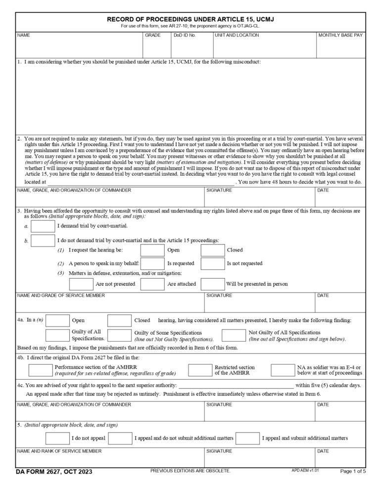 DA FORM 2627 Fillable - Army Pubs 2627 PDF | DA Forms 2025