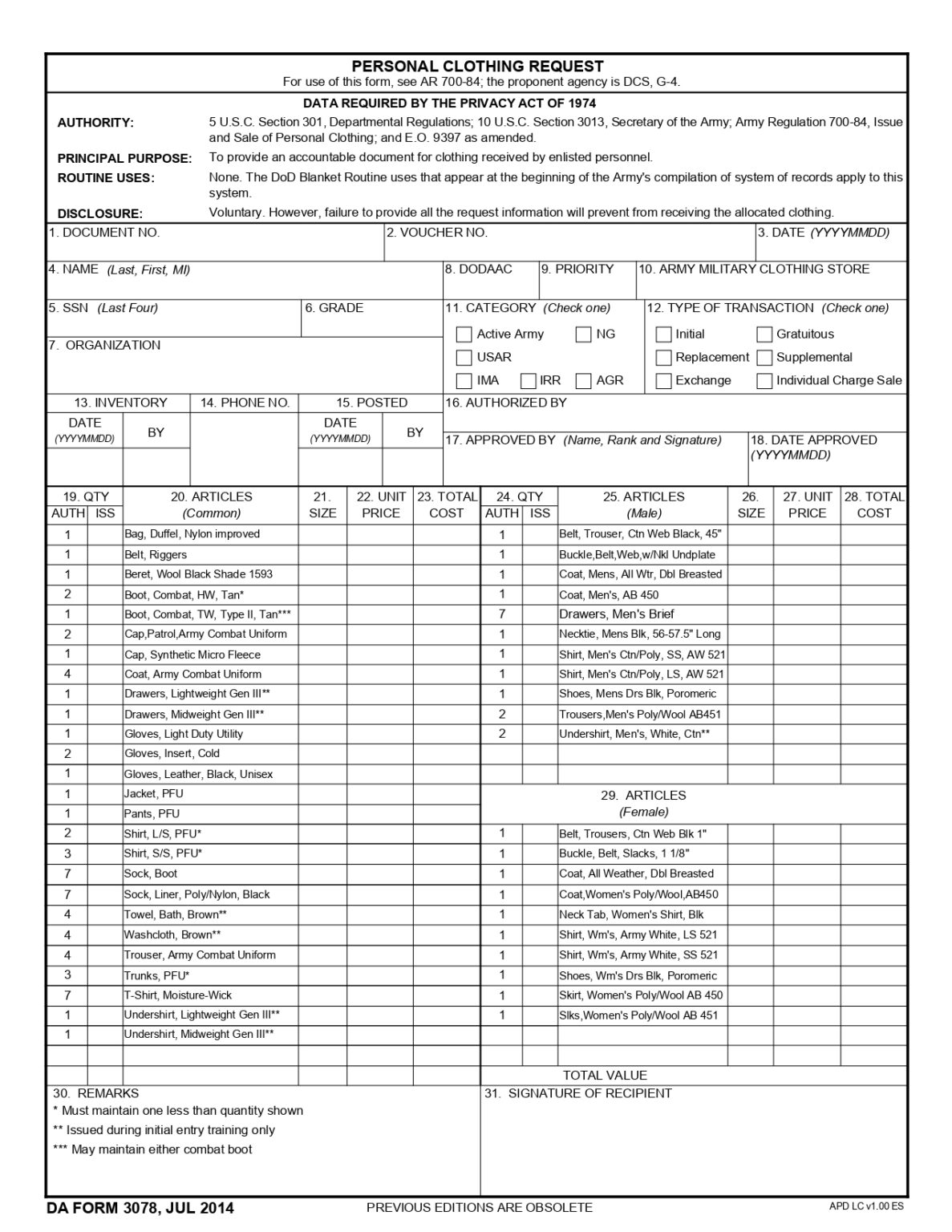 DA FORM 3078 Fillable - Army Pubs 3078 PDF | DA Forms 2025
