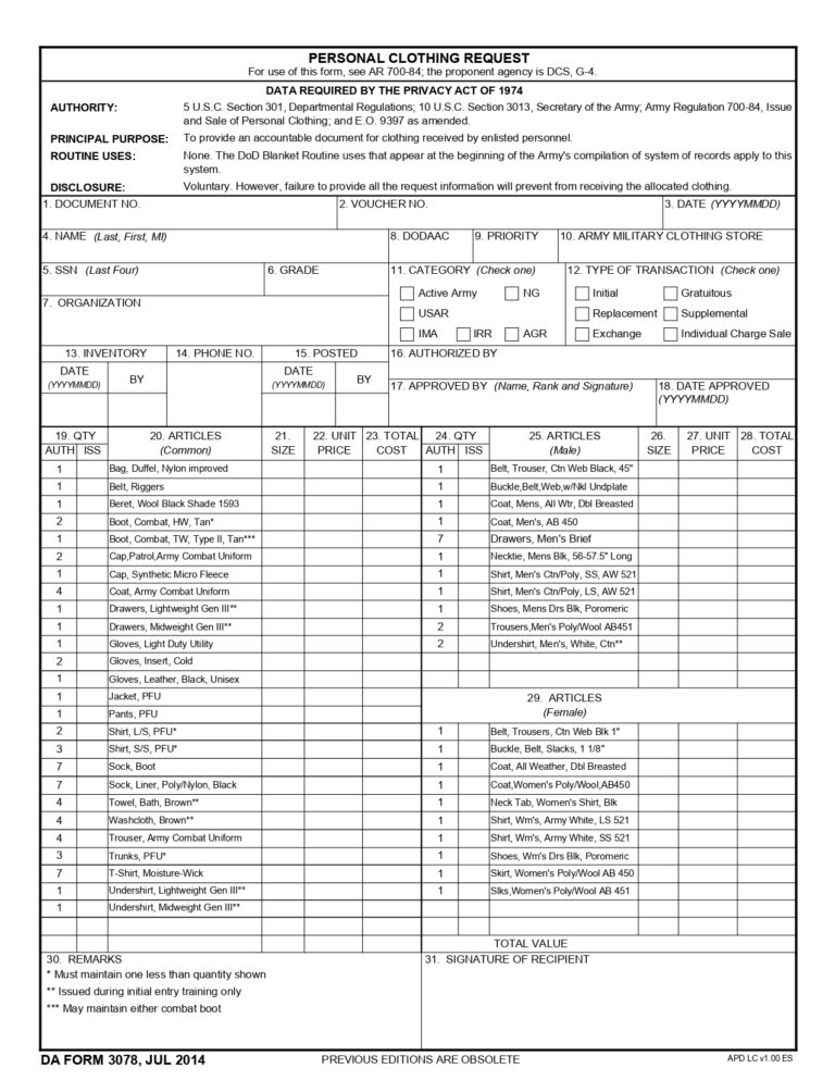 DA FORM 3078 Fillable - Army Pubs 3078 PDF | DA Forms 2025