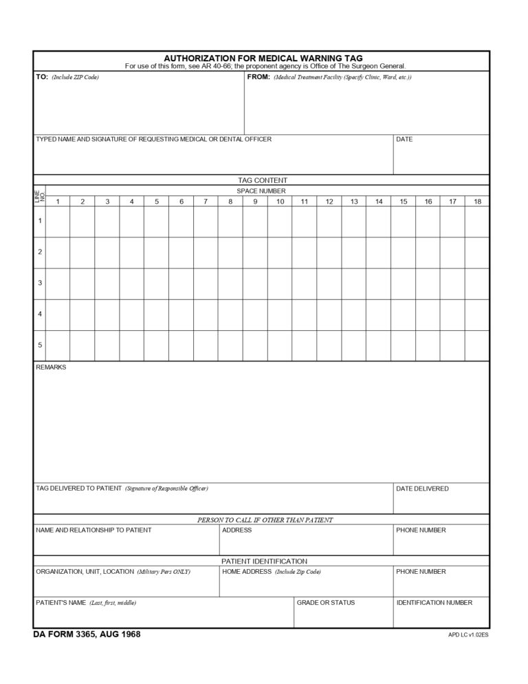 DA FORM 3365 Fillable - Army Pubs 3365 PDF | DA Forms 2025