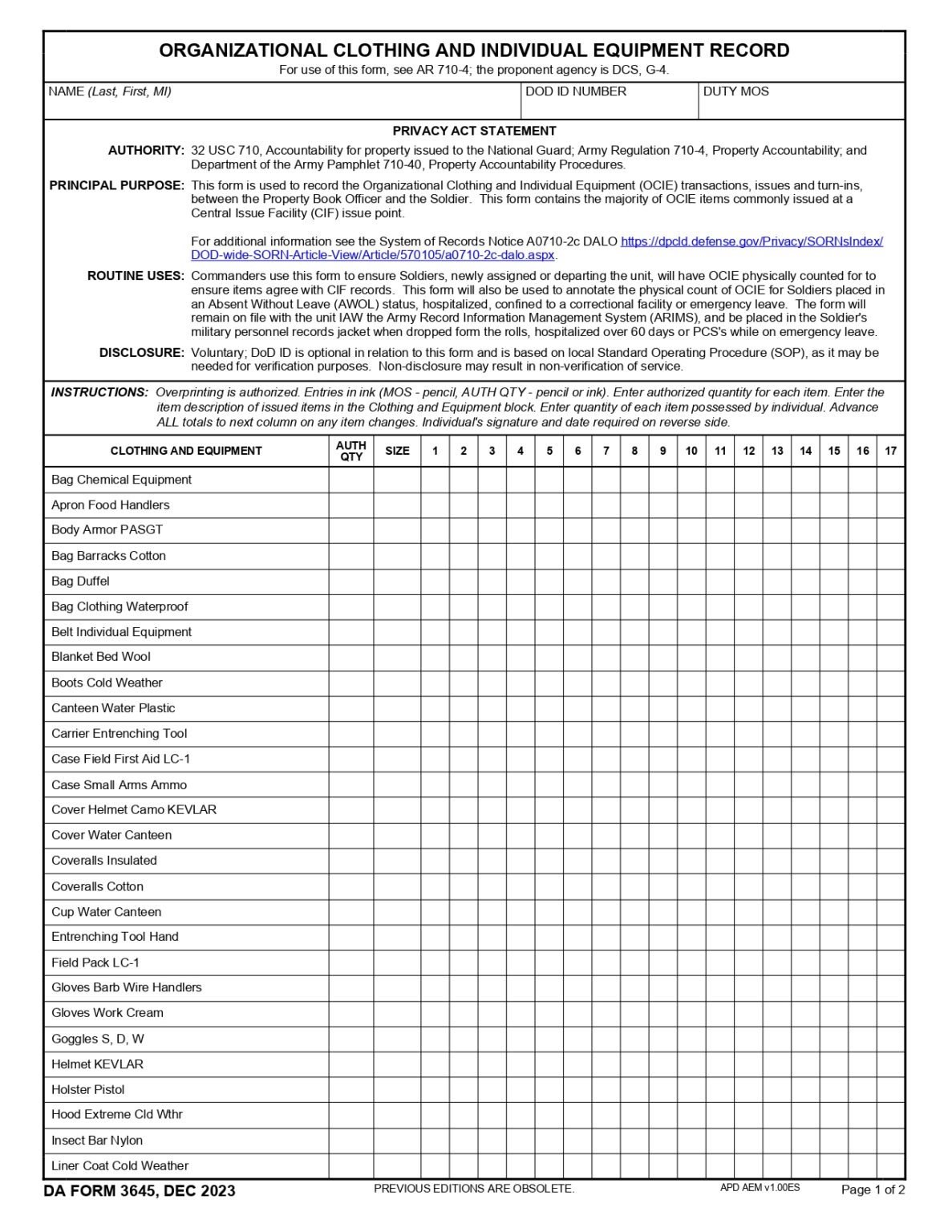 DA FORM 3645 Fillable - Army Pubs 3645 PDF | DA Forms 2025