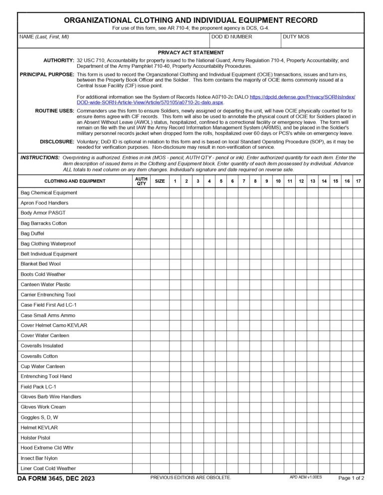 DA FORM 3645 Fillable - Army Pubs 3645 PDF | DA Forms 2026