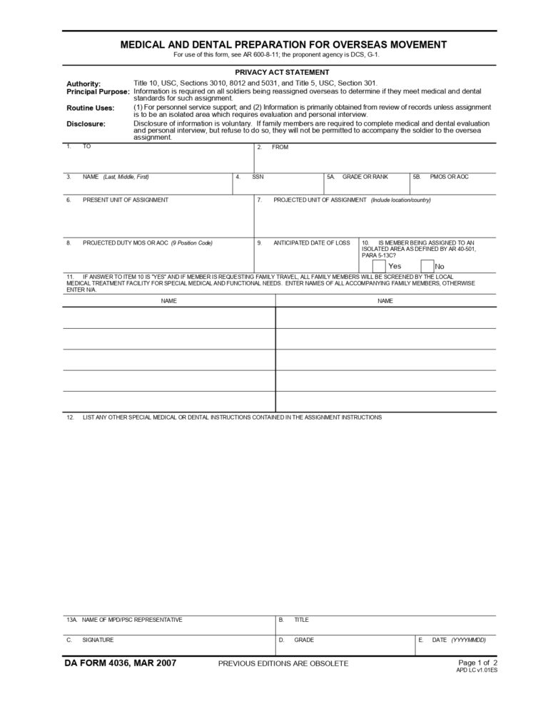 DA FORM 4036 Fillable - Army Pubs 4036 PDF | DA Forms 2025