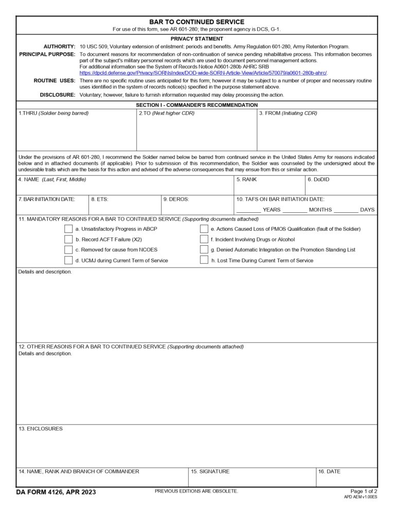 DA FORM 4126 Fillable - Army Pubs 4126 PDF | DA Forms 2025