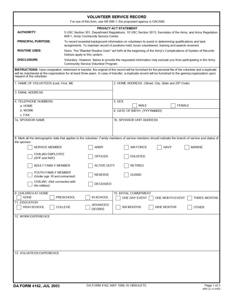 DA FORM 4162 Fillable - Army Pubs 4162 PDF | DA Forms 2025
