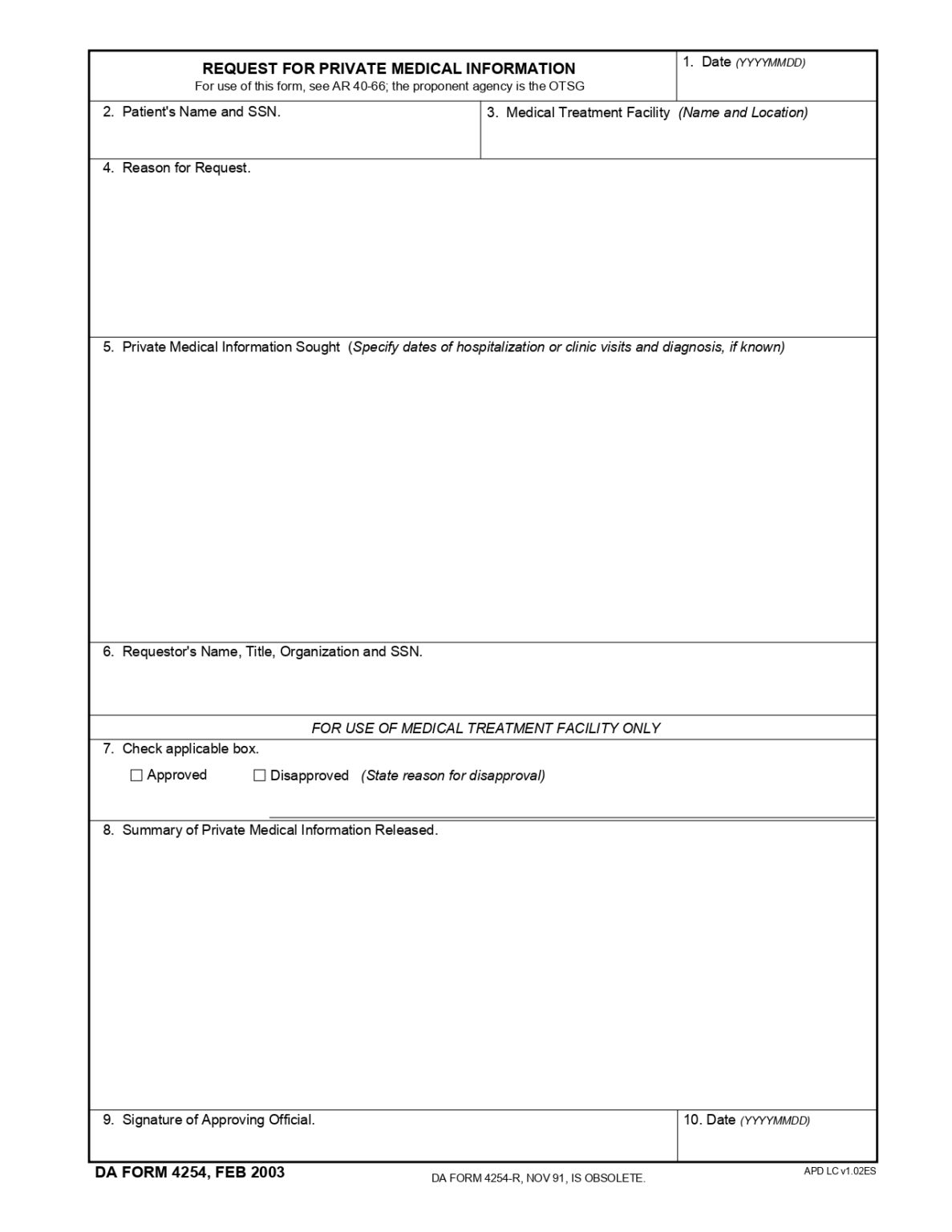 DA FORM 4254 Fillable - Army Pubs 4254 PDF | DA Forms 2025