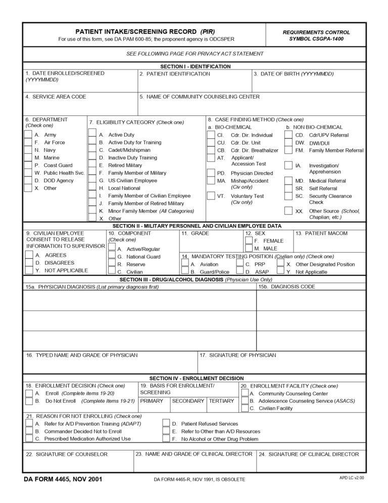 DA FORM 4465 Fillable - Army Pubs 4465 PDF | DA Forms 2025
