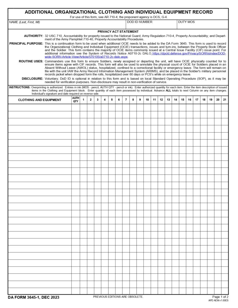 DA FORM 3645-1 Fillable - Army Pubs 3645-1 PDF | DA Forms 2025