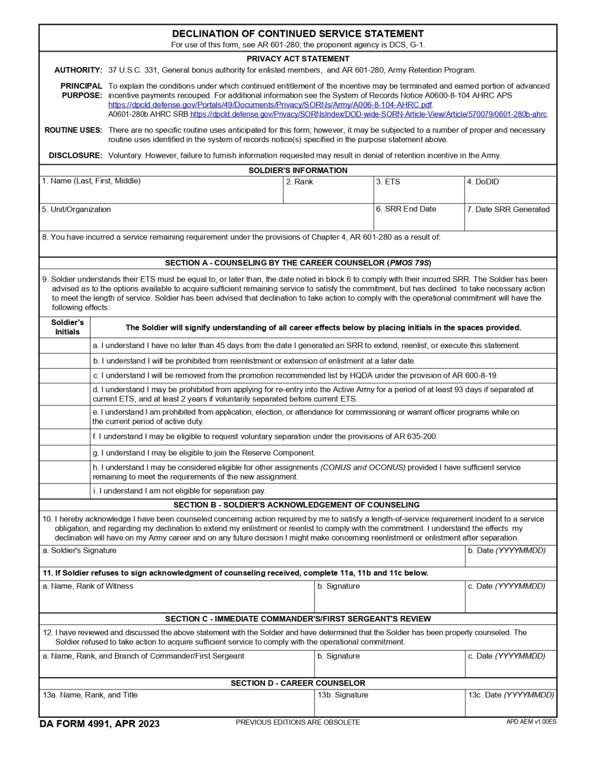 DA FORM 4991 Fillable - Army Pubs 4991 PDF | DA Forms 2025