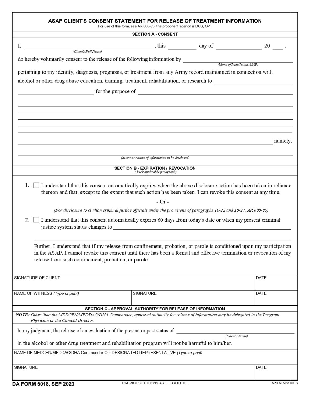 DA FORM 5018 Fillable - Army Pubs 5018 PDF | DA Forms 2025