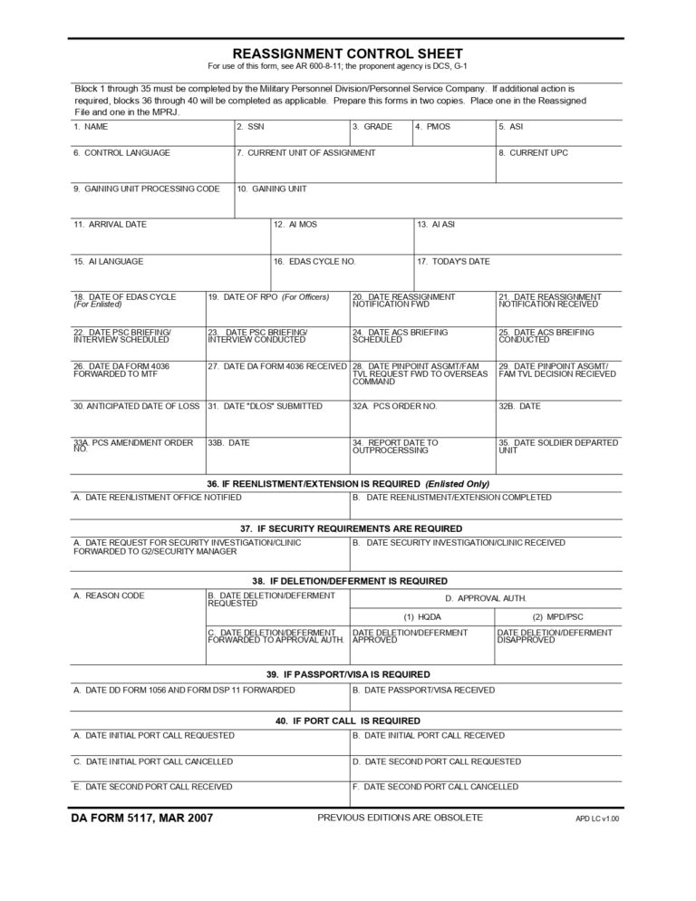 DA FORM 5117 Fillable - Army Pubs 5117 PDF | DA Forms 2025