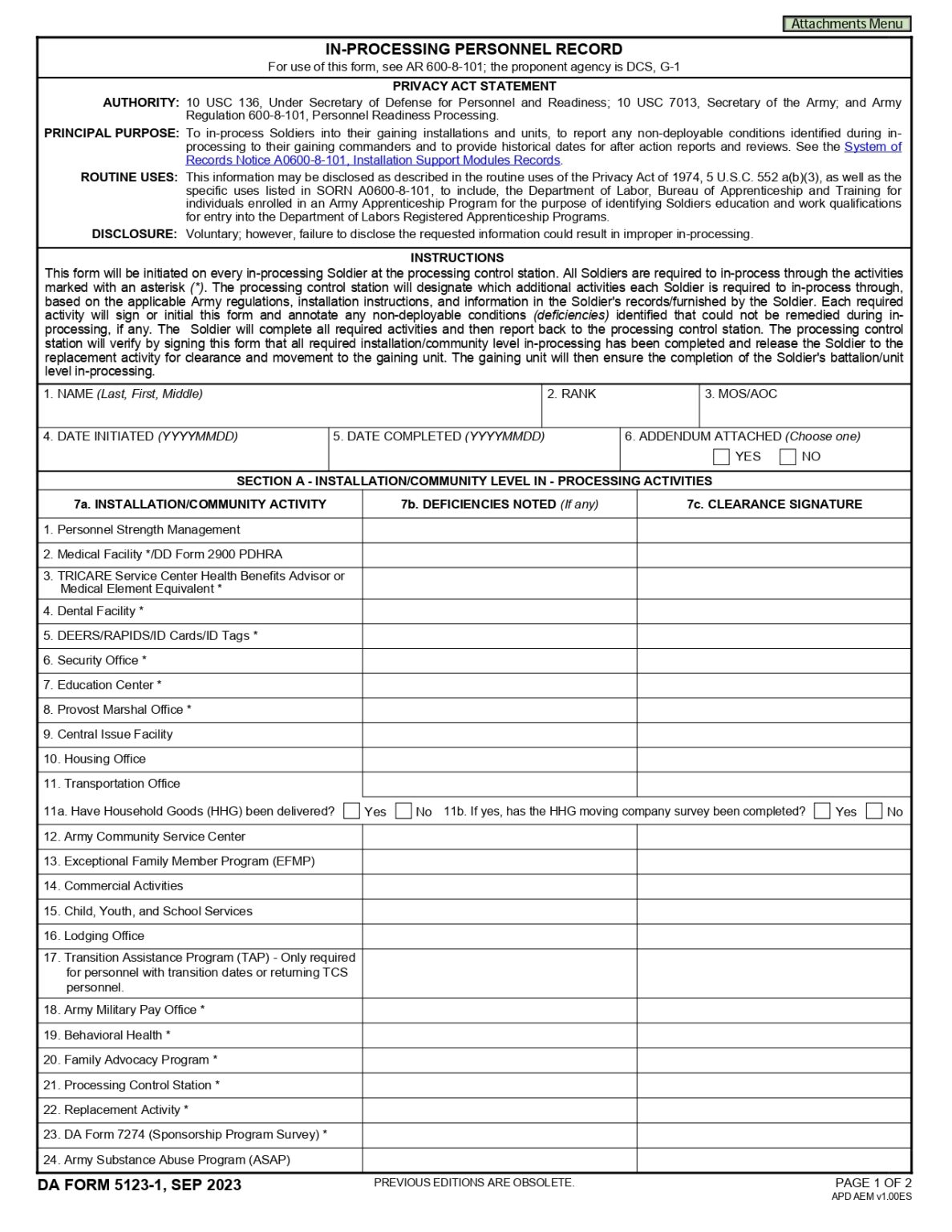 DA FORM 5123-1 Fillable - Army Pubs 5123-1 PDF | DA Forms 2025
