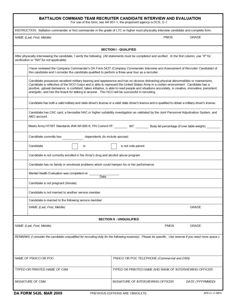 DA FORM 5426 Fillable - Army Pubs 5426 PDF | DA Forms 2025