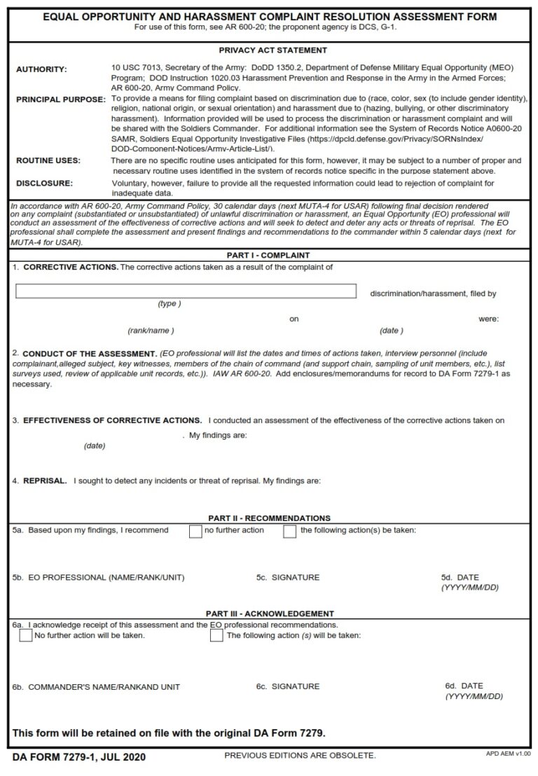 DA FORM 7279-1 Fillable - Army Pubs 7279-1 PDF | DA Forms 2024