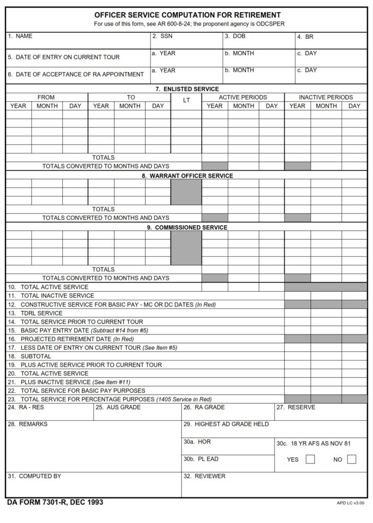 DA FORM 7301-R Fillable - Army Pubs 7301-R PDF | DA Forms 2025