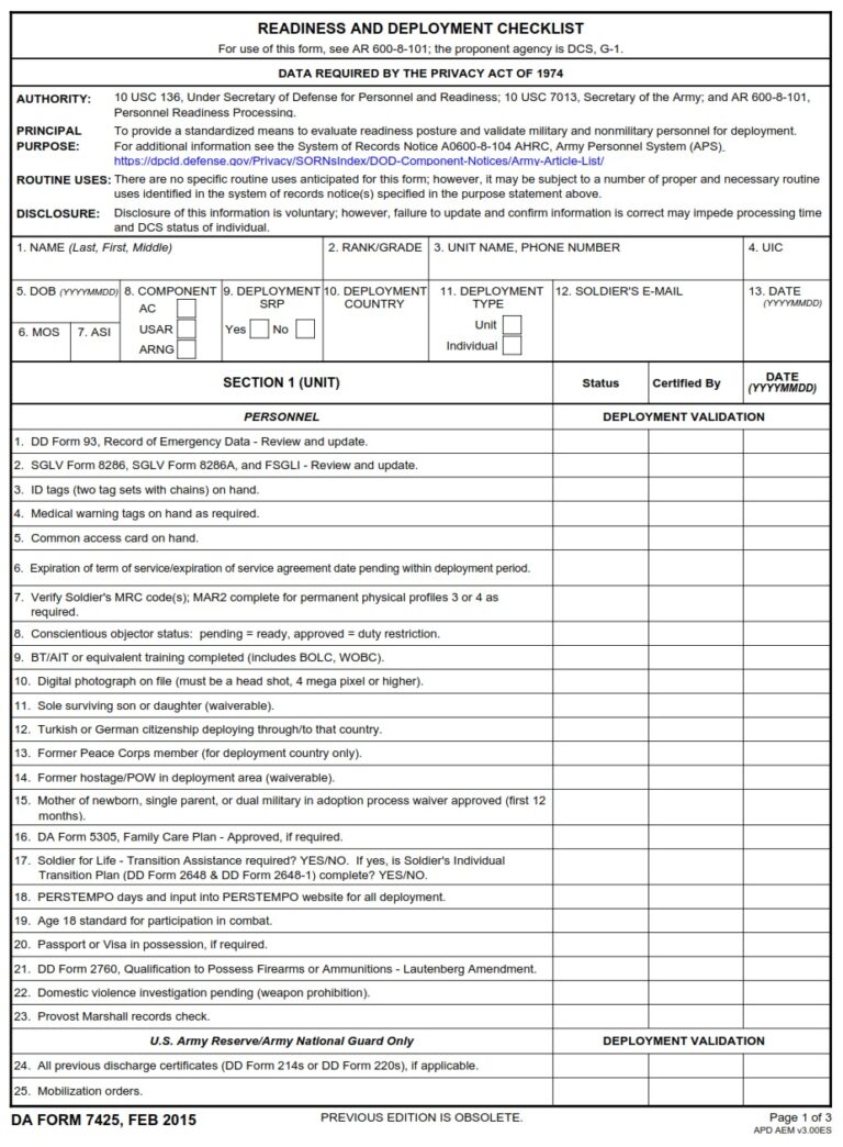 DA FORM 7425 Fillable - Army Pubs 7425 PDF | DA Forms 2025