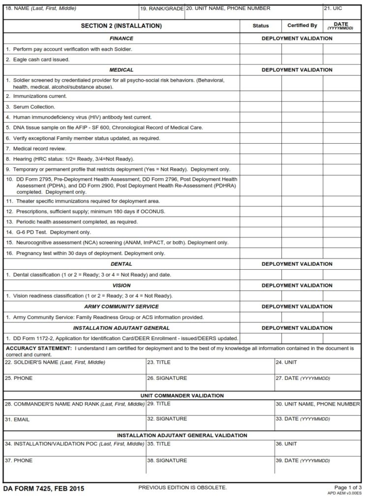 DA FORM 7425 Fillable - Army Pubs 7425 PDF | DA Forms 2025