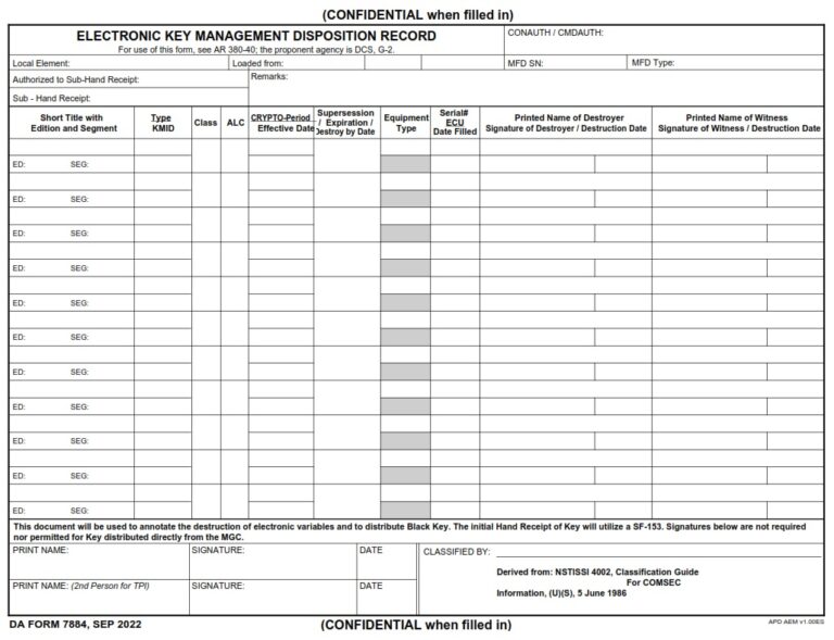 DA FORM 7884 Fillable - Army Pubs 7884 PDF | DA Forms 2024